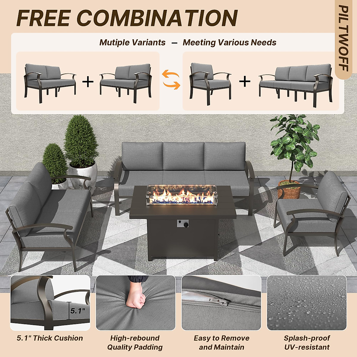 Piltwoff Aluminum Patio Furniture Set,8 Pcs Modern Patio Sectional Conversation Sets w/55,000BTU Propane Fire Pit,Outdoor Swivel Rocking Chairs w/5.1" Cushion&Coffee Table,Grey