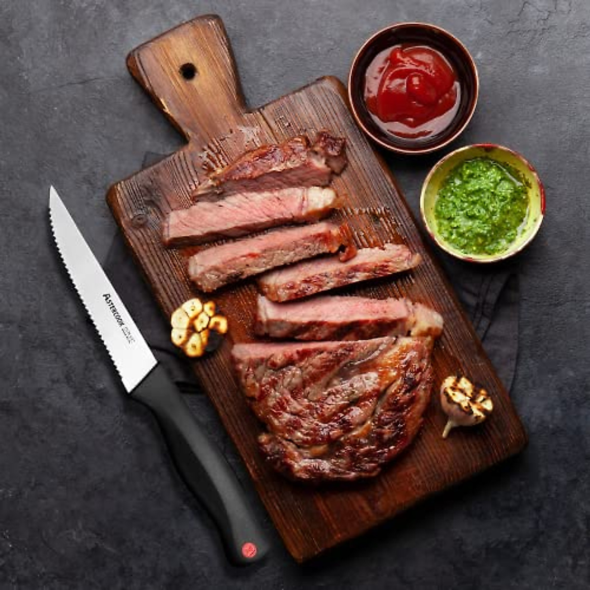 Astercook Steak Knife, Steak Knives Set of 6 with Sheath, Dishwasher Safe High Carbon Stainless Steel Steak Knife with Cover, Black