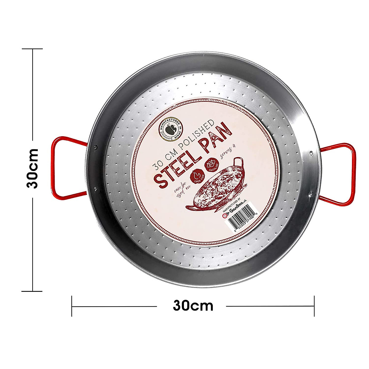 Gourmanity 12 inch Carbon Steel Paella Pan, 30cm Polished Steel Large Skillet From Spain, Great for Paella Parties Indoors, Outdoors, Camping & More, Imported Spanish Paellera, Made by Garcima