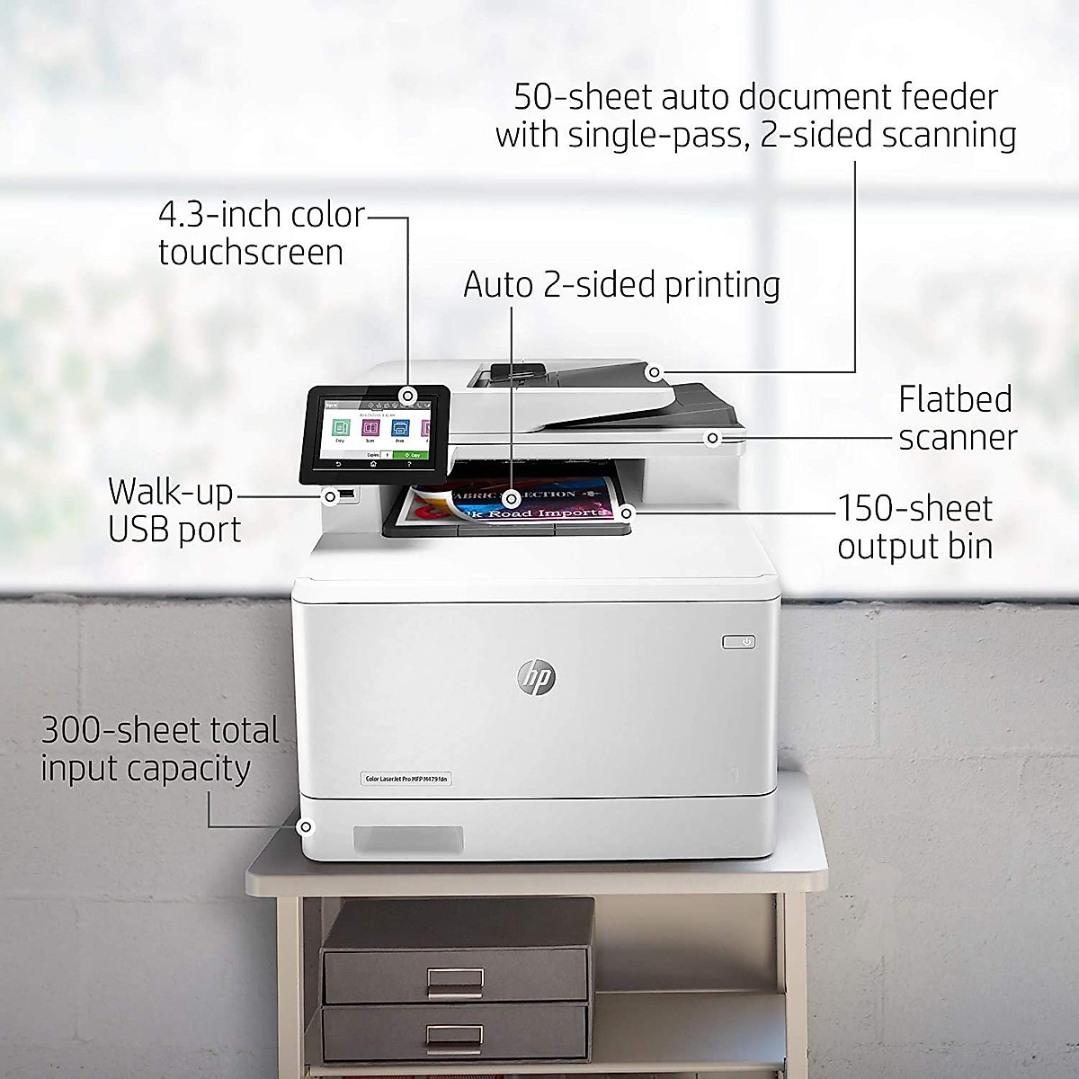 HP Color Laserjet Pro M479fdn All-in-One Laser Printer, Print Scan Copy Fax, Automatic 2-Sided Printing, 600x1200 dpi, 250-sheet, 28 ppm, 512MB, Works with Alexa, Bundle with JAWFOAL Printer Cable
