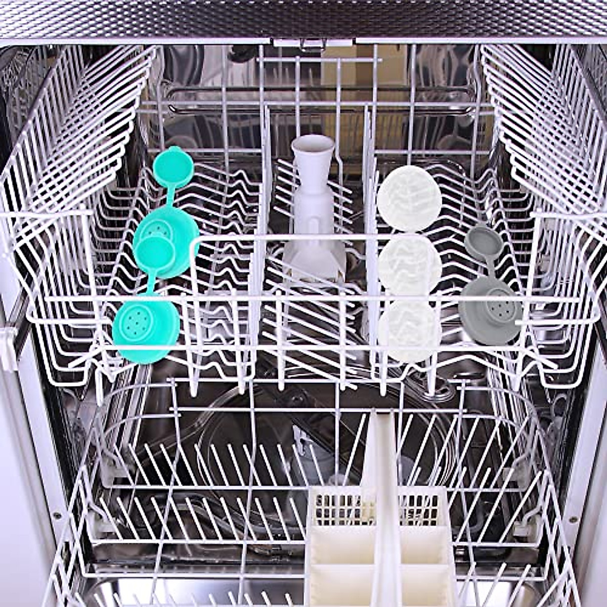 Sophico Small Salt and Pepper Shakers Set with Moisture Proof Sinlicone Lids, 4.5oz Mini Spice Shaker to go for Camping Travel Picnic Lunch Boxes (Mint & Grey, Small & Medium)