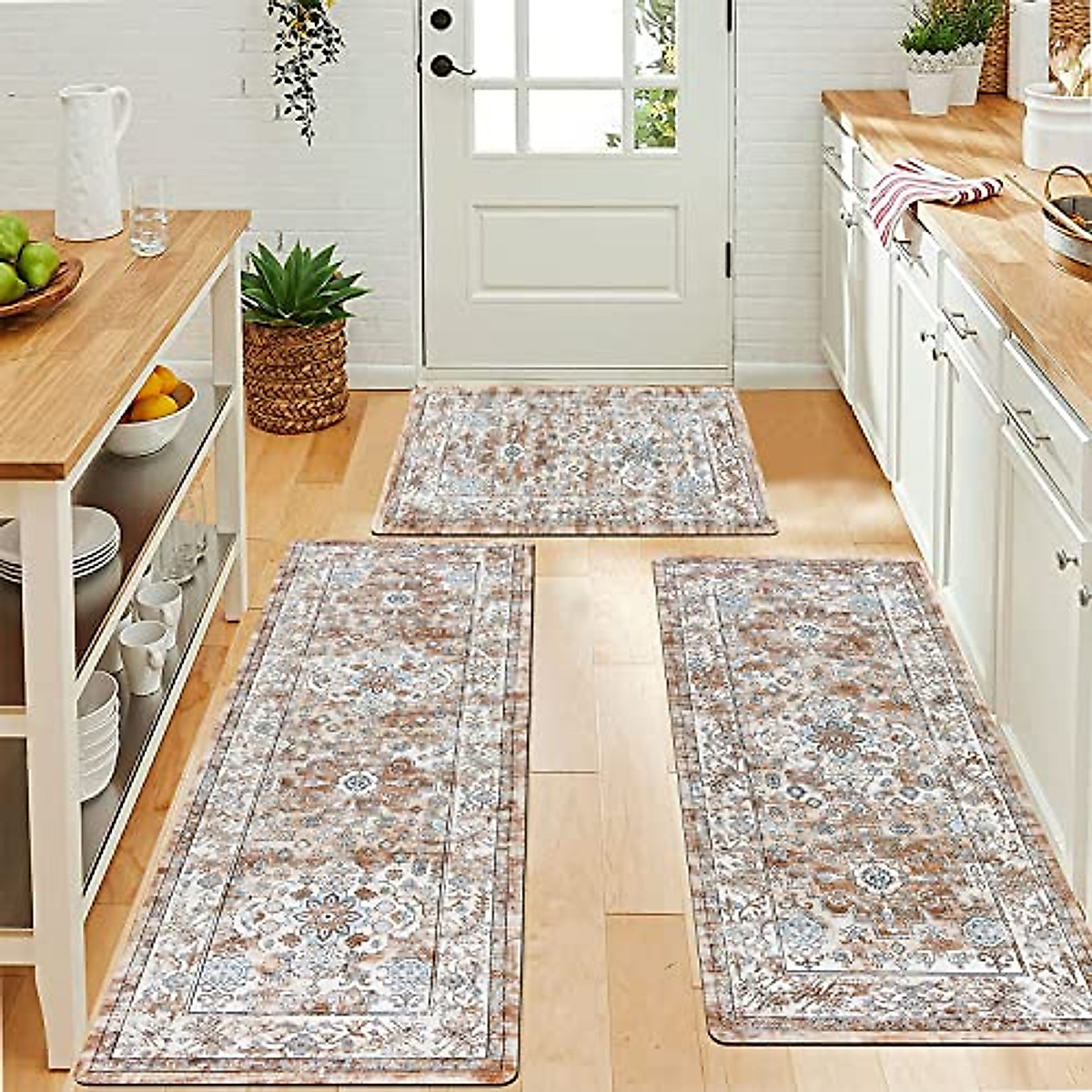 Pauwer Boho Kitchen Rugs Sets of 3 Non Slip Rubber Kitchen Mats for Floor Waterproof Kitchen Rugs and Mats Washable Farmhouse Kitchen Area Rug Floor Carpet Runner Rugs for Hallway Laundry Room