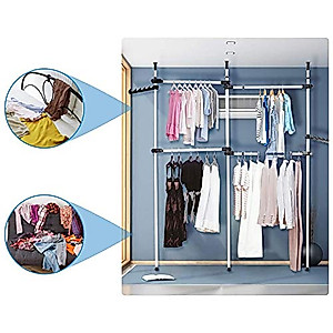 Estink Garment Rack Clothing Hanger, Heavy Duty Adjustable Closet Rod Double Rail,Simple No Drilling for Bedroom Freestanding Wardrobe Closet Organizer System,3 Vertical Poles 4 Bars