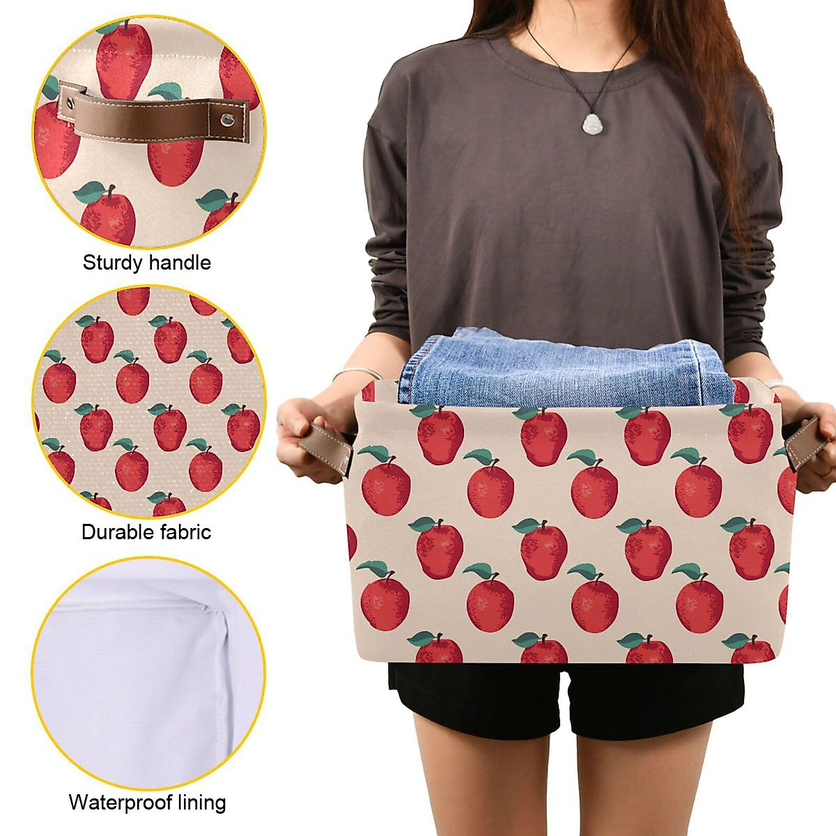 YEGAME Storage Basket Summer Apples Rectangular Collapsible Canvas Shelves Storage Bins with Leather Handles for Shelves Home Closet Bedroom Living Room, 2Pack