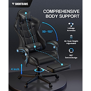 Soontrans Black Gaming Chairs with Footrest, Ergonomic Gamer Chair, Home Office Chair,PC Computer Chair with Headrest and Lumbar Support(Dark Black)