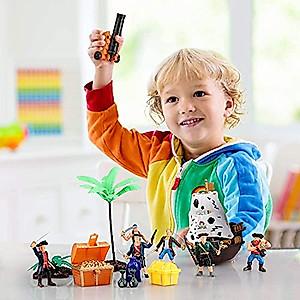 kramow Pirate Action Figures Play Set,Educational Toys Bucket of Pirate Toy with Boat,Treasure Chest,Cannons,Octopus,Pirate Ship and Other Accessories,War Game Toys for Boys and Kids