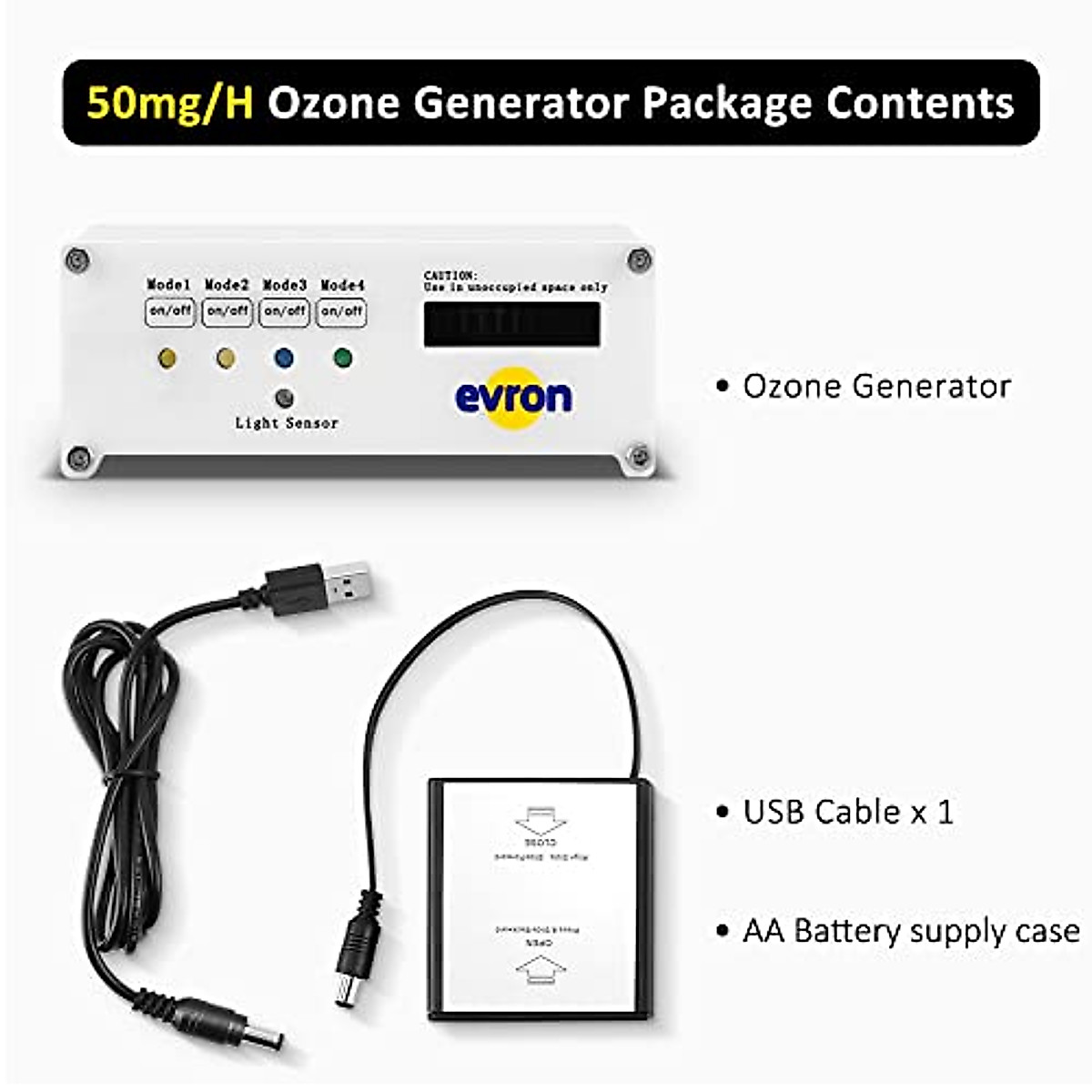 Evron Portable Ozone Generator 50mg/H Plug-in,Power-Bank & AA Battery Chargable Air Ionizer with Fan Ozone Machine for Fridge,Rooms, Cars,Travel and Pets (No Battery Inside)