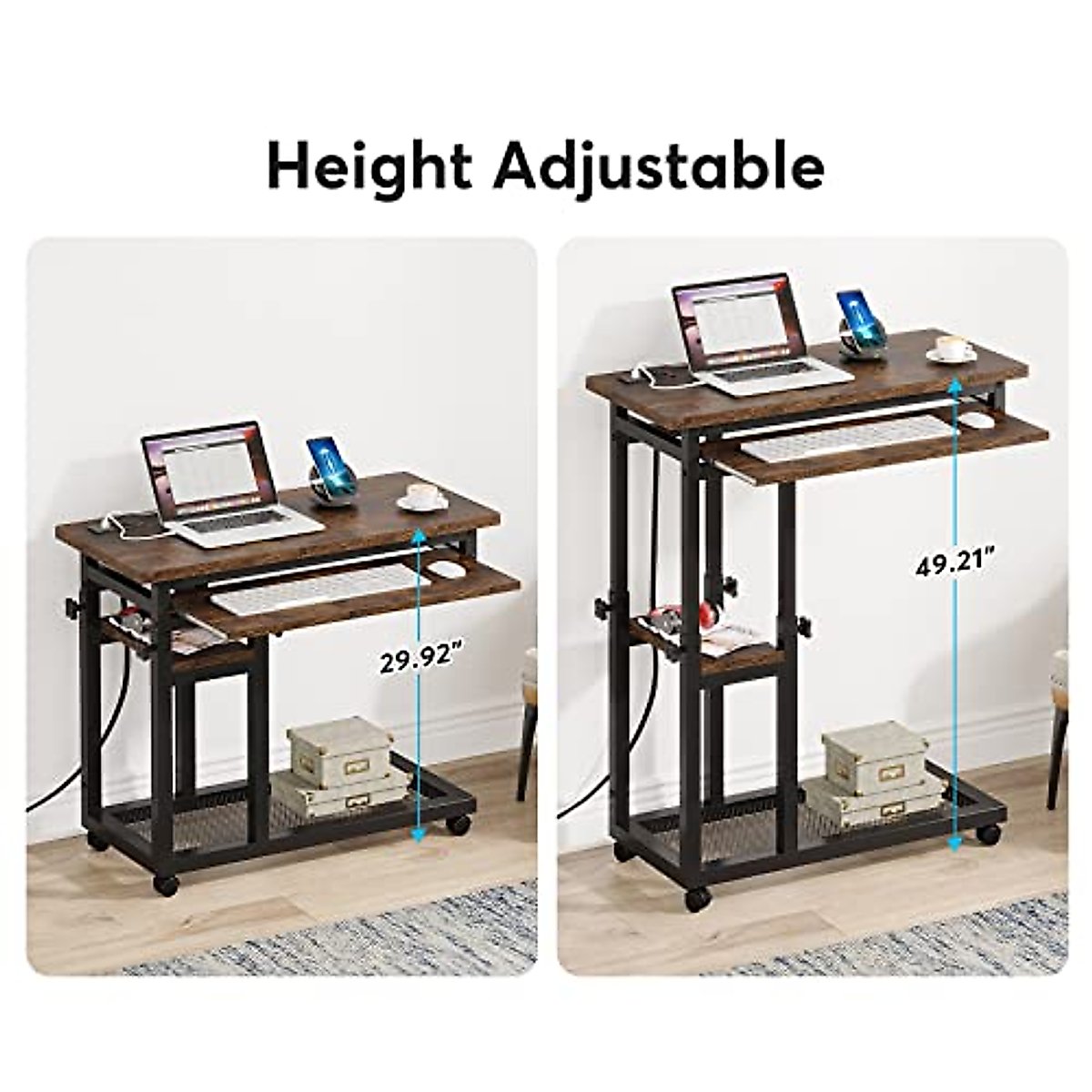Tribesigns Small Portable Desk with Power Outlet, Height Adjustable Sofa Couch Bedside Laptop Table with Wheels, Mobile Standing Desk Rolling Computer Cart C Side Table with USB Ports