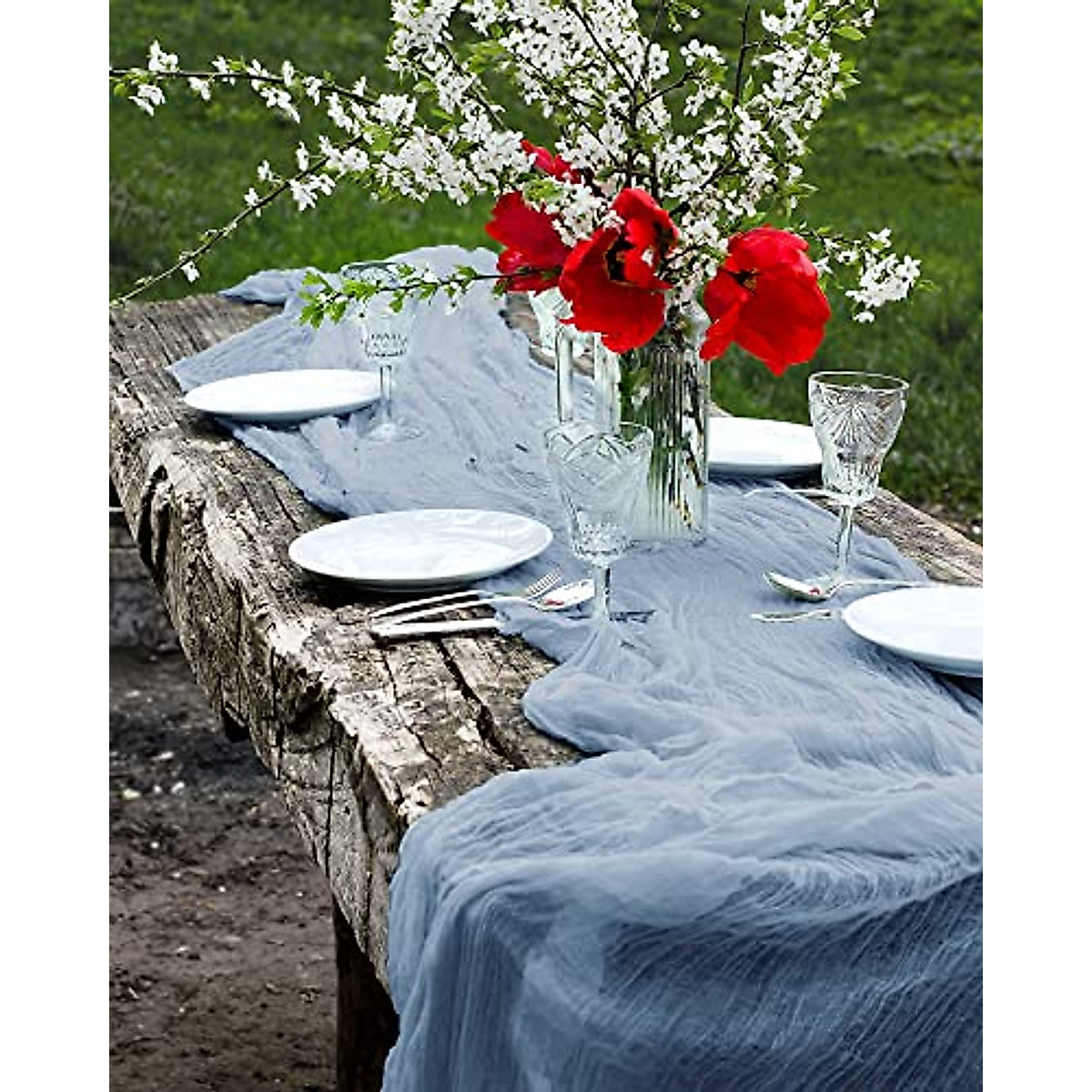 Maliton Dusty Blue Cheesecloth Table Runner 13.3ft Baby Blue Table Runner 160 Inches Cheesecloth Table Runner Bulk for Bohemian Wedding Decorations Baby Shower Birthday Party Table Decorations