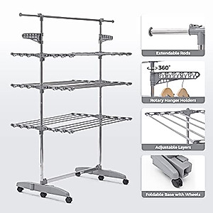 Clothes Drying Rack, 3-Tier Folding Rolling Laundry Drying Rack with Extendable Hanging Rods, Adjustable Wings, Rolling Wheels, Multifunctional Stainless Steel Garment Drying Racks for Indoor Outdoor