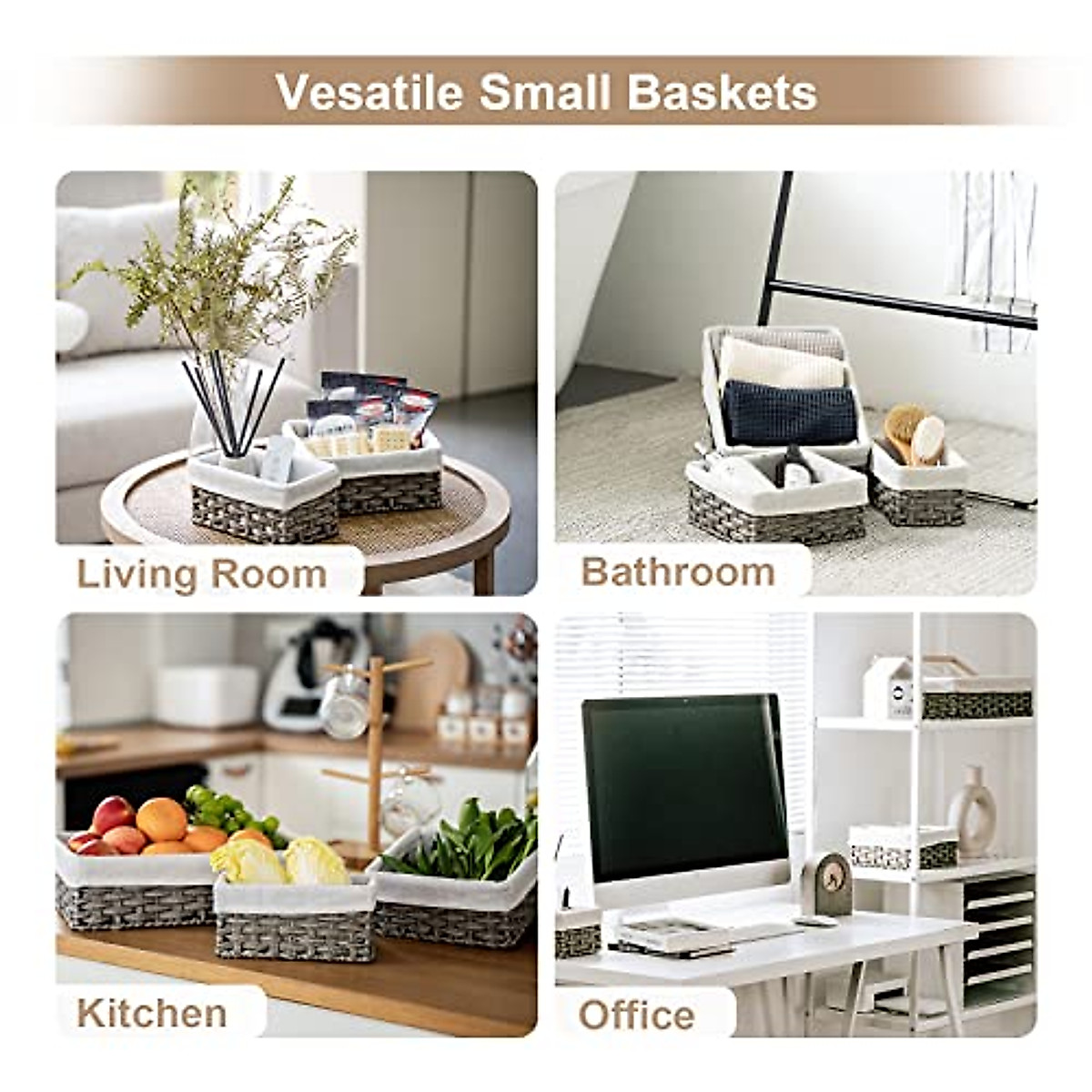 FairyHaus Wicker Baskets for Organizing 3 Pack, Waterproof Small Wicker Storage Basket for Shelves Rectangle, Nesting Lined Grey Wicker Basket