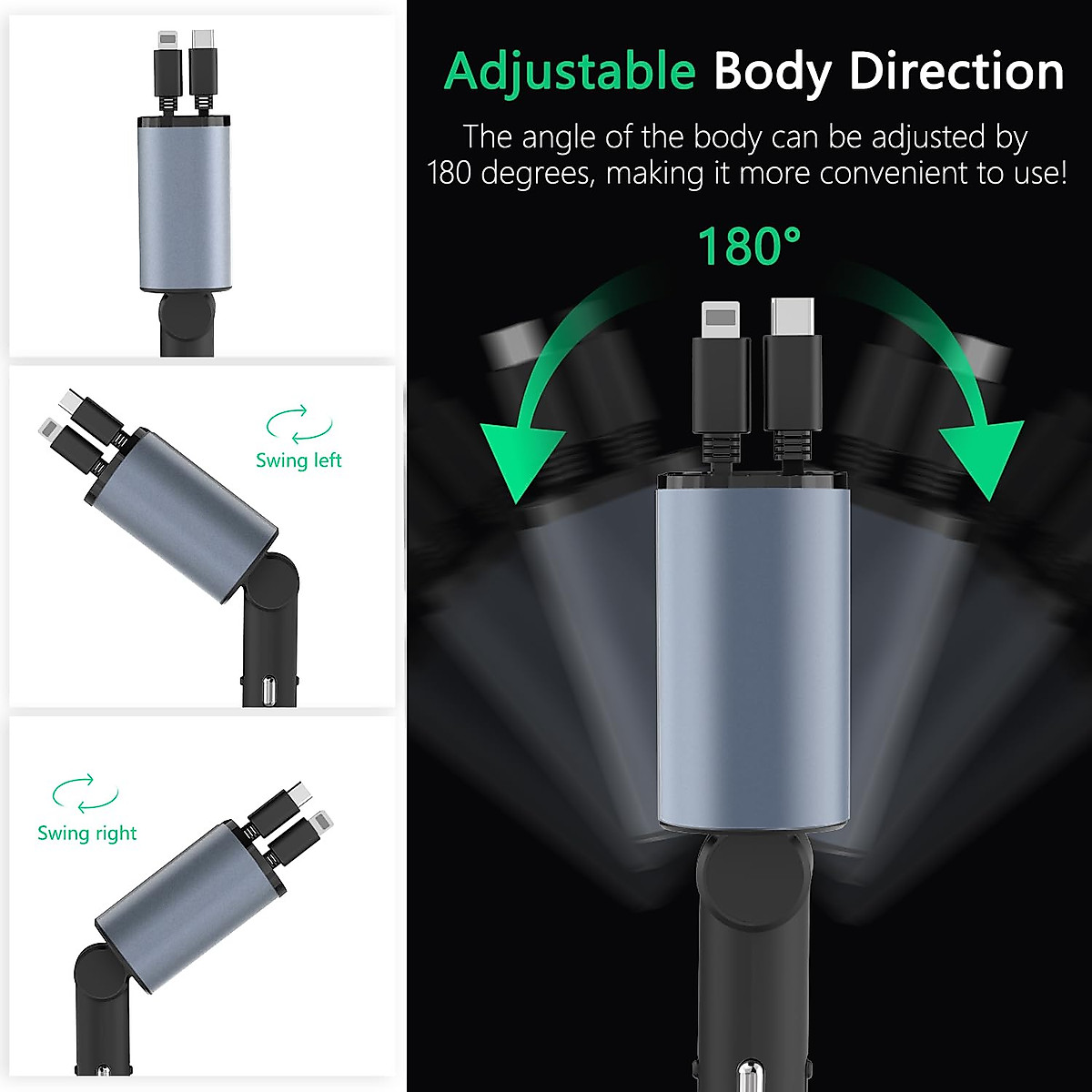 Paiholy Retractable Car Charger,4 in 1 Fast USB C Car Charger 100W with Dual Retractable Cable Dual USB Ports,Voltage Display Car Charger Compatible with iPhone 15 Pro Max/14/13/12,Galaxy S23/ S22/S10