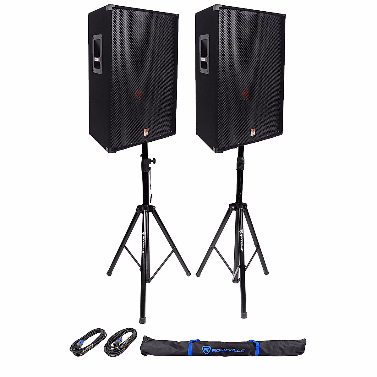 (2) Rockville RSG15 15 3-Way 1500 Watt 8-Ohm DJ PA Speaker +Stands +Cables