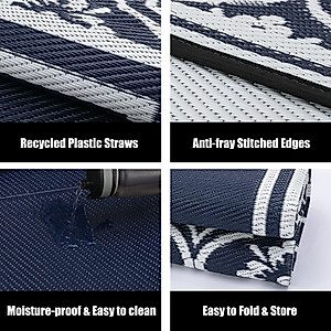 HUGEAR Outdoor Rug Mats, Large Waterproof Area Rug, Reversible Portable Outdoor Plastic Straw Carpet for RV Deck Camping Front Door Indoor Outside Porch Picnic (5x8ft Lantern Navy Blue&White)