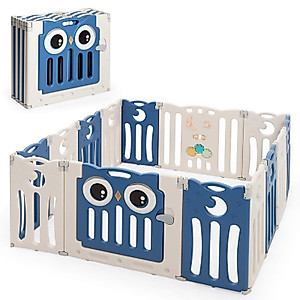 Costzon Foldable Baby Playpen, 14-Panel Baby Fence with Lock Door, Rubber Pads & Anti-Slip Rubber Bases, Indoor Outdoor Safety Baby Fence with Adjustable Shape for Toddlers (14-Panel, Blue)