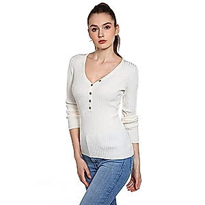 AmélieBoutik Women V Neck Henley Long Sleeve Pullover Ribbed Sweater (Ivory Large)
