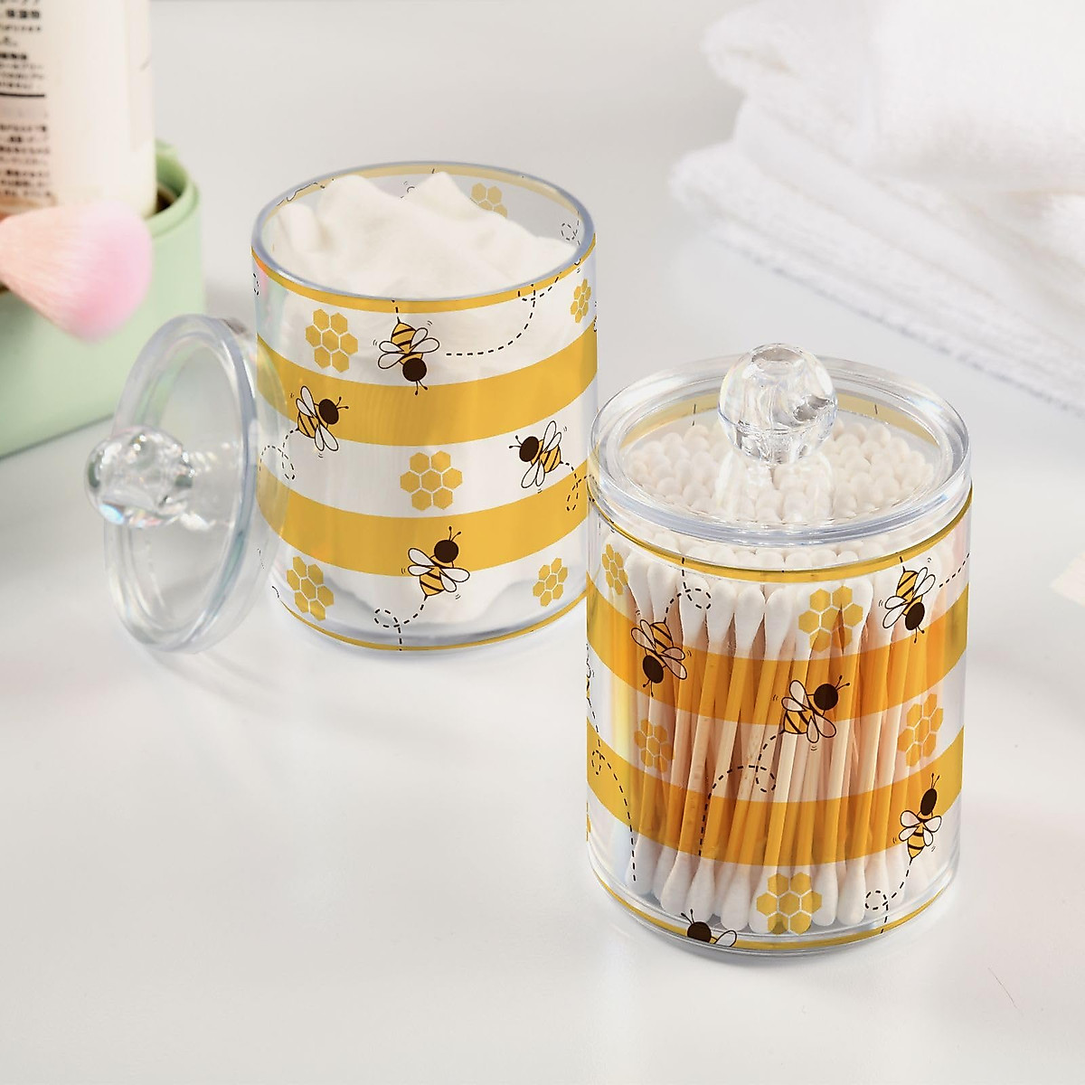 Bee Honey Stripe 2 Pack Qtip Holder Organizer Dispenser Plastic Bathroom Jars Storage Containers with Lids Clear Bathroom Organizer Dispenser for Hair Accessories