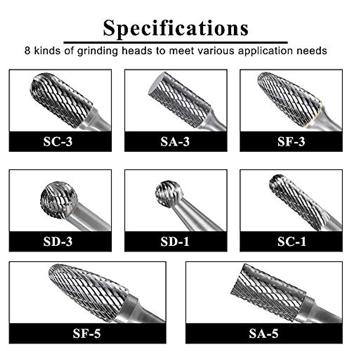 YUFUTOL Carbide Burr Set with 1/4''(6.35mm) Shank 8pcs Double Cut Solid Carbide Rotary Burr Set for Die Grinder Drill, Metal Wood Carving, Engraving,Polishing,Drilling