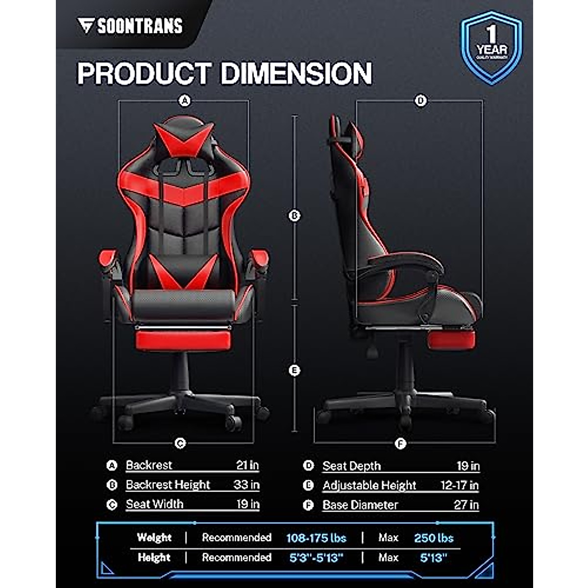 Soontrans Red Gaming Chairs with Footrest,Racing Gaming Chair,Computer Gamer Chair,Ergonomic Game Chair with Adjustable Headrest and Lumbar Support