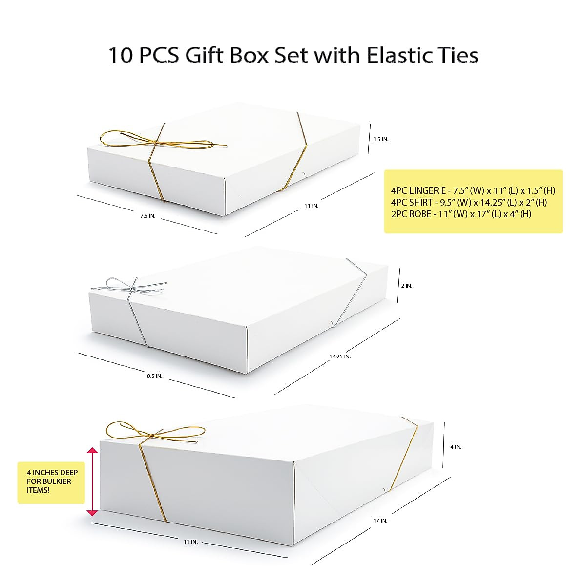 NATIVICO 10 Premium Assorted Gift Boxes for Presents - White Gift Boxes with Lids and Elastic Loops- 4-inch Deep Robe Boxes and Additional Gift Box Sizes Good for Shirt and Lingerie