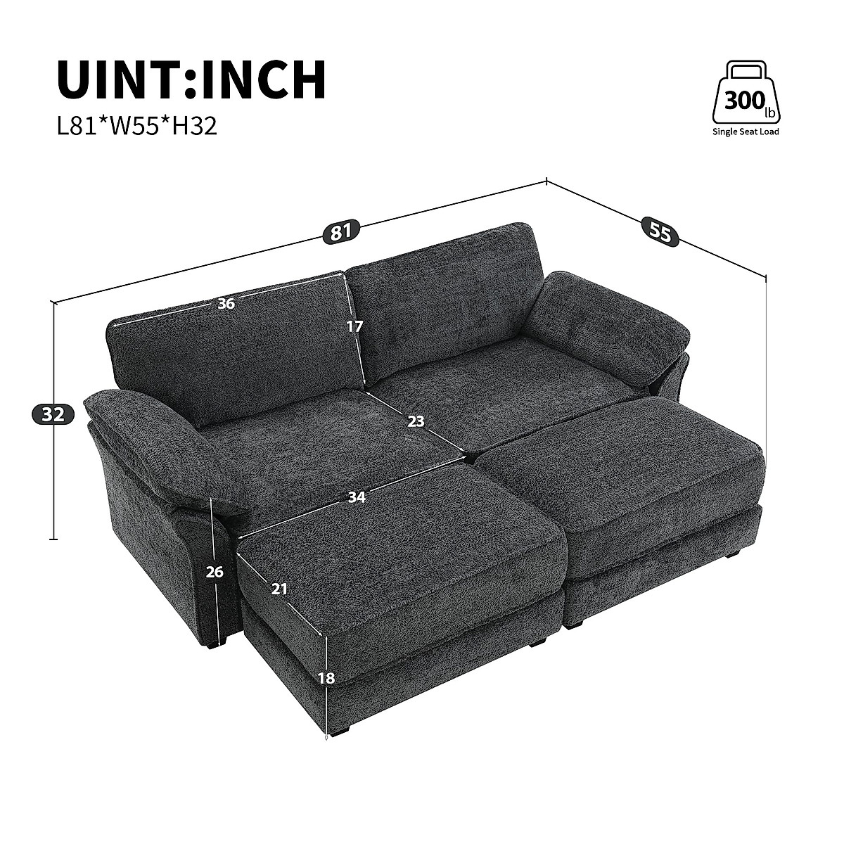 KIVENJAJA 81” Oversized Loveseat with 2 Ottomans, Comfy Chenille Modular Sectional Cloud Couch, Double Chaise Sleeper Sofa Bed for Living Room Apartment Small Space, Grey
