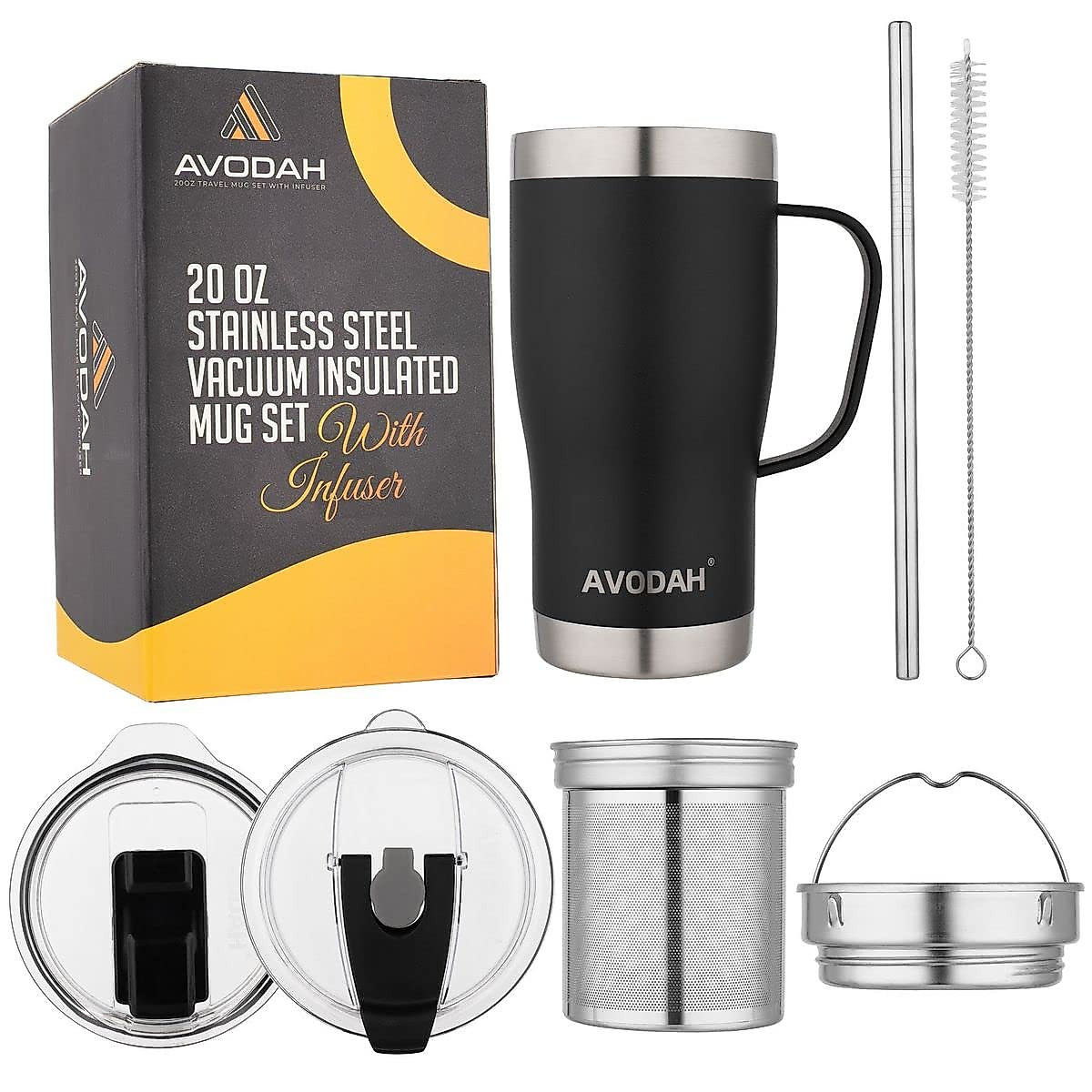 AVODAH 20 oz Tea Cup with Tea Infuser and Lid. Tea Infuser Mug with Tea Strainer, Two Lids & Straw. Coffee Travel Mug with Tea Accessories for Cold Brew (Black)