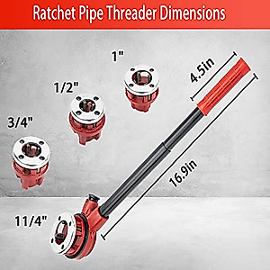 Ratchet Pipe Threader Kit, Ratcheting Pipe Threading Tool Set with 4 Dies 1/2" 3/4" 1" 1-1/4",for Professional Cutting & Pipe Threaders