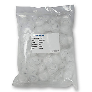 Tisch Brand SPEC16279 Polytetrafluoroethylene PTFE Syringe Filter, 3um, 25mm, Double luer Lock, 1/pk/100 per Pack | Wettability: Hydrophobic | Maximum Operating Temperature: 60 Degrees C |
