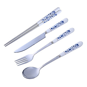HEMOTON 1 Set White and Blue Porcelain Silverware Silverware Flatware Cutlery Set Stainless Steel Utensils Cutter Fork Spoon Chopsticks Set