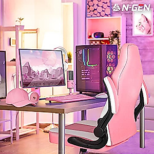 N-GEN Gaming Chair Ergonomic Office Chair PC Desk Chair with Lumbar Support Flip Up Arms Levelled Seat Style Headrest PU Leather Executive High Back Computer Chair for Adults Women Men (4. Peach Pink)