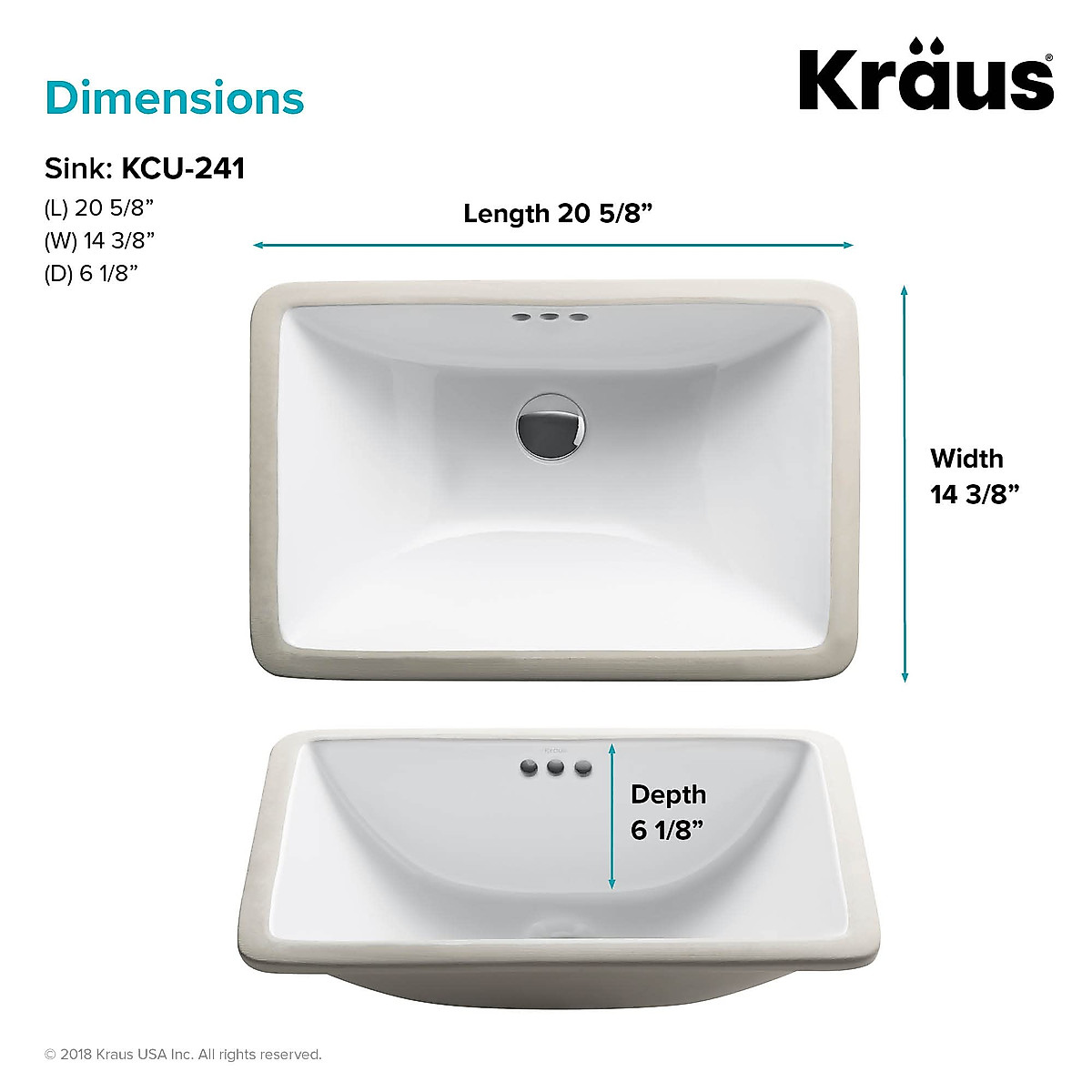 KRAUS Elavo 21-inch Rectangular Undermount White Porcelain Ceramic Bathroom Sink with Overflow, KCU-241