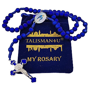 TALISMAN4U Deep Blue Rosary Beads Catholic Prayer Necklace with Saint Benedict Crucifix Our Lady of Grace Medal Religious Gift Rosary Pouch