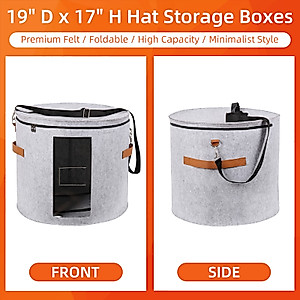 Ohiyoo Large Hat Boxes for Wide Brim, Large Hat Storage Box 19" D x 17" H, Hat Boxes for Women Storage Large Round Men Hat Box, Foldable Felt Stuffed Animal Toy Storage Bin with Lid (Light Gray)