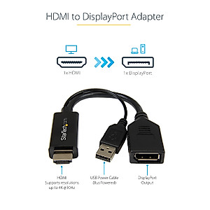 StarTech.com 4K 30Hz HDMI to DisplayPort Video Adapter w/ USB Power - 6 in - HDMI 1.4 (Male) to DP 1.2 (Female) Active Monitor Converter (HD2DP), Black