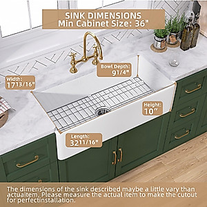 TUKTUK White Farmhouse Sink 33 inch Fireclay Apron Front Single Bowl Kitchen Sink Deep Drop In Farm Sink Undermount with Custom Bottom Grid & Strainer Drain