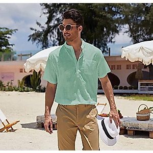 COOFANDY Mens Cotton Linen Henley Hippie Casual Beach T Shirt with Pocket, Green, Large, Short Sleeve