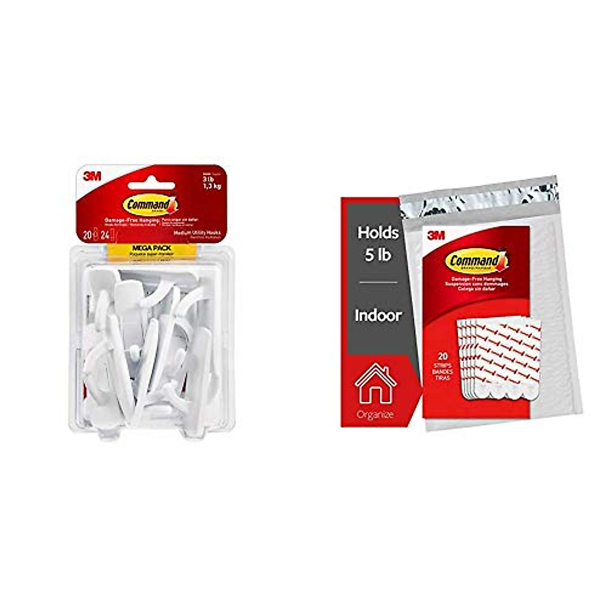 Command Utility Hooks Mega Pack, Medium, White, 20-Hooks (17001-MPES), Organize and Decorate Your Dorm & Large Replacement Strips for Indoor Hooks, 20 Strips