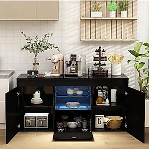 Lamerge Sideboard Buffet Cabinet,Led TV Stand with Storage,High Glossy Panel, UV Coated,TV Table,Kitchen Cabinet, Bar Cabinet. 53.1" L×13" W×28" H,Black