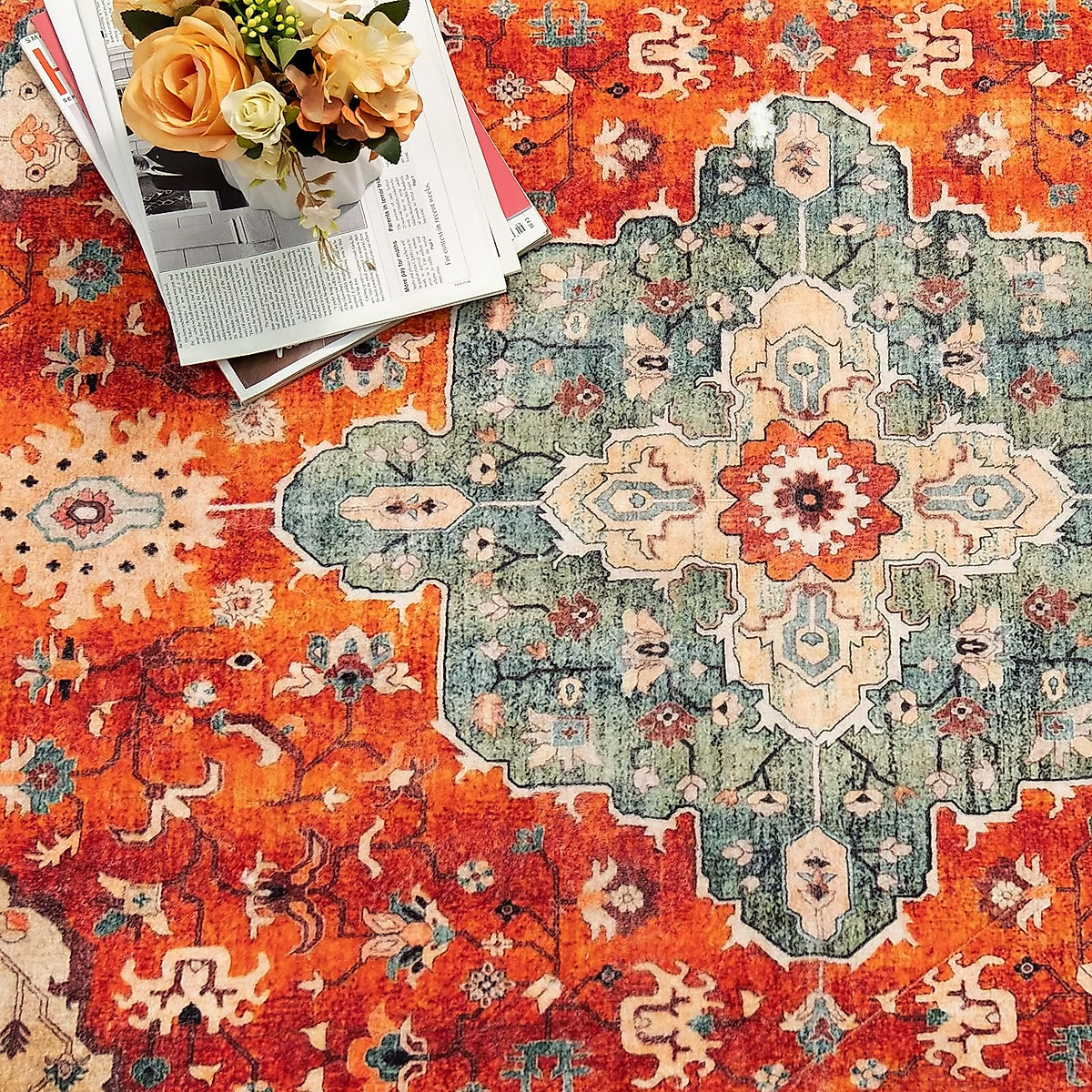 Castage Boho Rug 3x5,Washable Area Rugs for Bedroom Living Room Kitchen Entryway,Small Vintage Bohemian Distressed Non Slip Oriental Tribal Carpet,Retro Rust