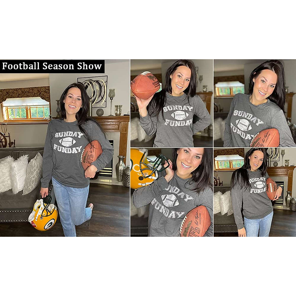 FLOYU Football Sweatshirts For Womens Game Day Sweatshirt Sunday Funday Shirt Casual Football Season Long Sleeve Tops Dark Grey