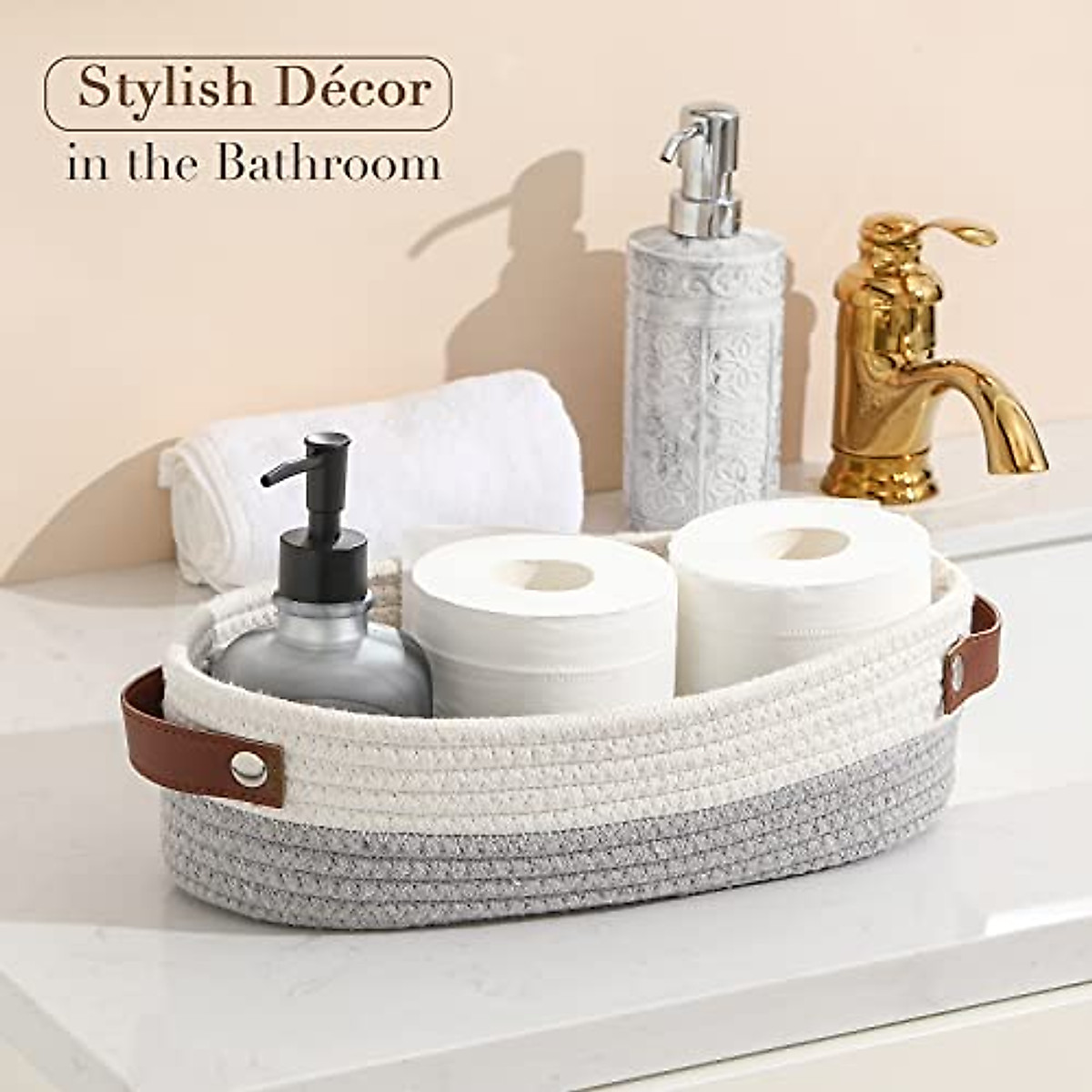 Lewondr Woven Storage Basket with Leather Handles, Small Cotton Rope Basket for Toilet Tank Top, Farmhouse Decor Basket for Bathroom Bedroom Laundry Countertop Storage Paper Towel Toy, White + Gray