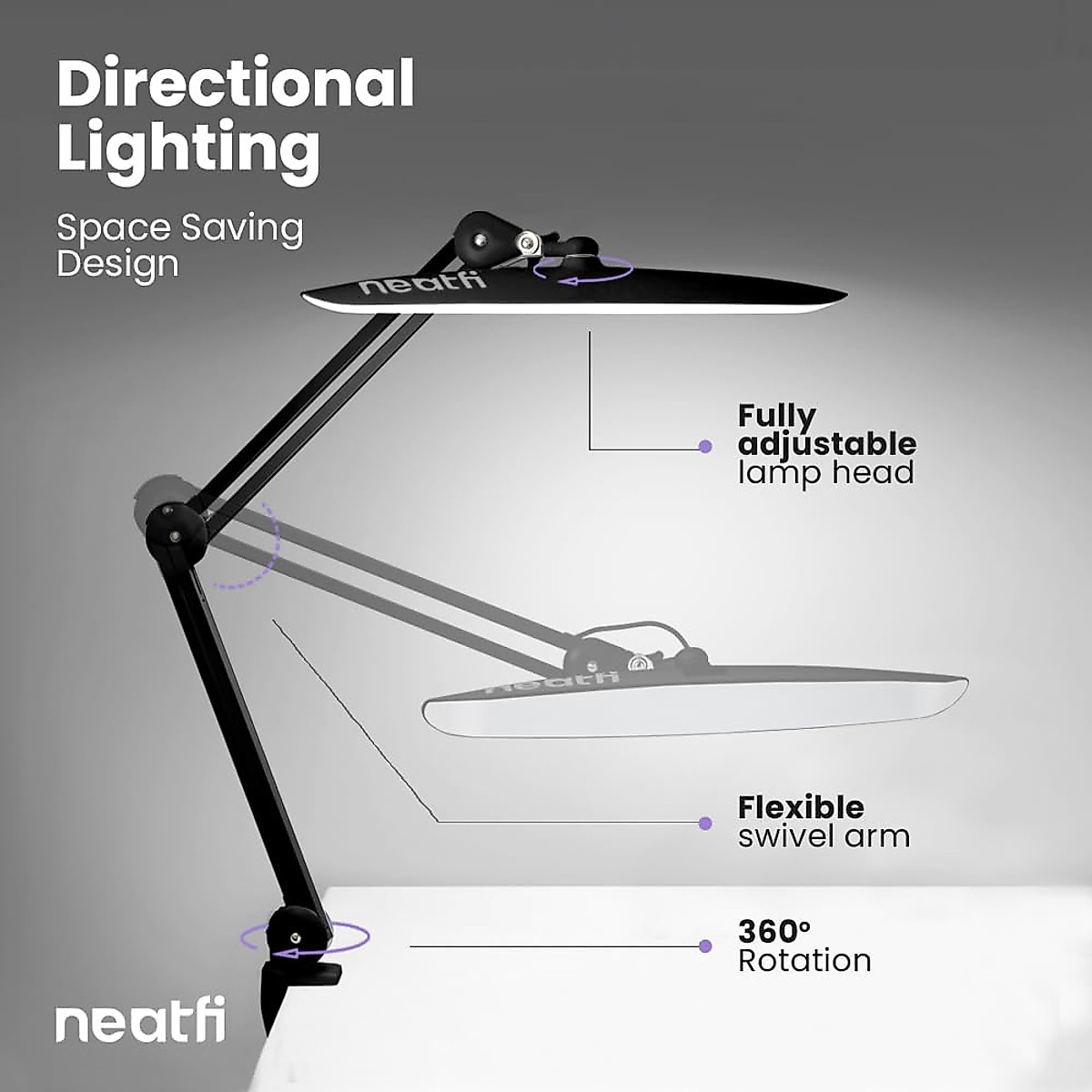 Neatfi XL 2,200 Lumens LED Task Lamp, 24W, 117 Pcs SMD LED, Dimmable, 4 Level Brightness, 3 Light Modes, Desk Light for Home, Office, Workbench (CCT, Black)