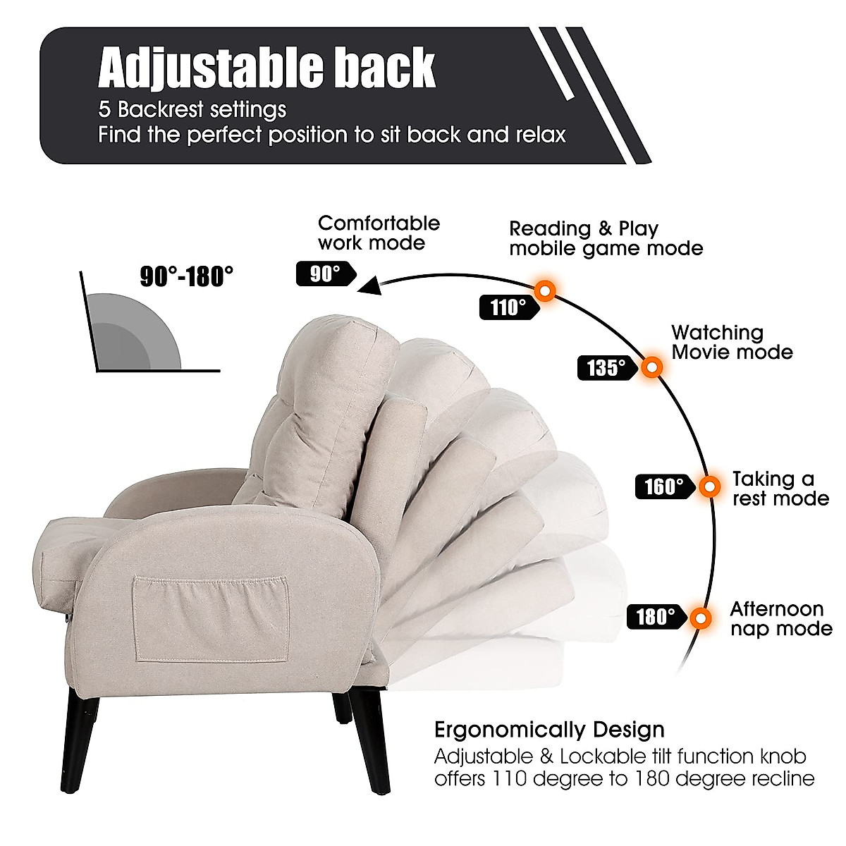 ELUCHANG Accent Chairs with Ottoman, Upholstered Comfy Armchair with Adjustable Backrest&Storage Footrest, Lazy Chair Reading Chair Leisure Sofa Recliner for Living Room Bedroom (Light Grey - Linen)