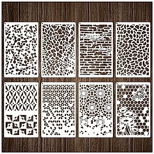 8 Pieces Stencils for Crafts, Honeycomb Wall Layering Stencils Marble Crackle Geometric Stencils Mixed Media Art Texture Stencils for Painting on Card Making Canvas DIY Furniture Paper (8 Mix media)