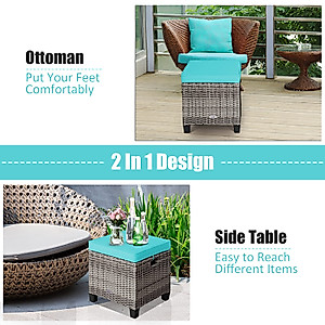 ORALNER Set of 2 Outdoor Ottoman, 16” Wicker Foot Stools, All-Weather Rattan Cube Footstool w/Removable Cushions, Square Footrest Extra Seating for Patio, Porch, Deck, Easy Assembly (Turquoise)