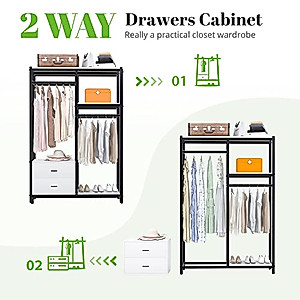 HOKEEPER 650lbs Freestanding Closet Organizer with Drawers and Shelves Heavy Duty Metal Wardrobe Closet Storage Shelves for Hanging Clothes Clothing Garment Rack Closet with Shelves for Bedroom White