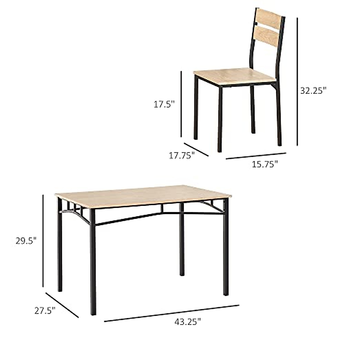 HOMCOM Rustic Industrial 5-Piece Dining Table Set Black Metal with 4 Chairs for Kitchen, or Dining Room, Oak