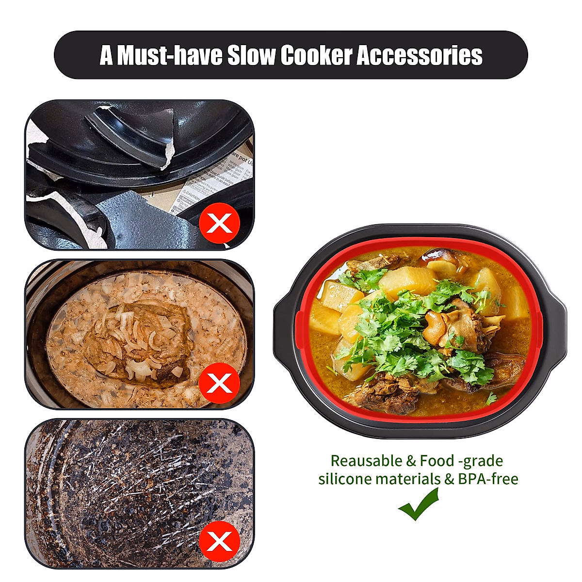 Meytunsin Silicone Slow Cooker Liner Fits Crock pot 8 Quart Slow Cooker,Silicone Crock pot Liner Made of Food-Grade Silicone,Dishwasher Safe,Red