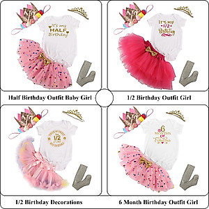 HOSUKKO Princess Half Birthday Outfit Baby Girl, Premium 1/2 Birthday Outfit Girl, Infant Cake Smash Outfits for 6 Months Girls (Short Sleeve, 5PCS)