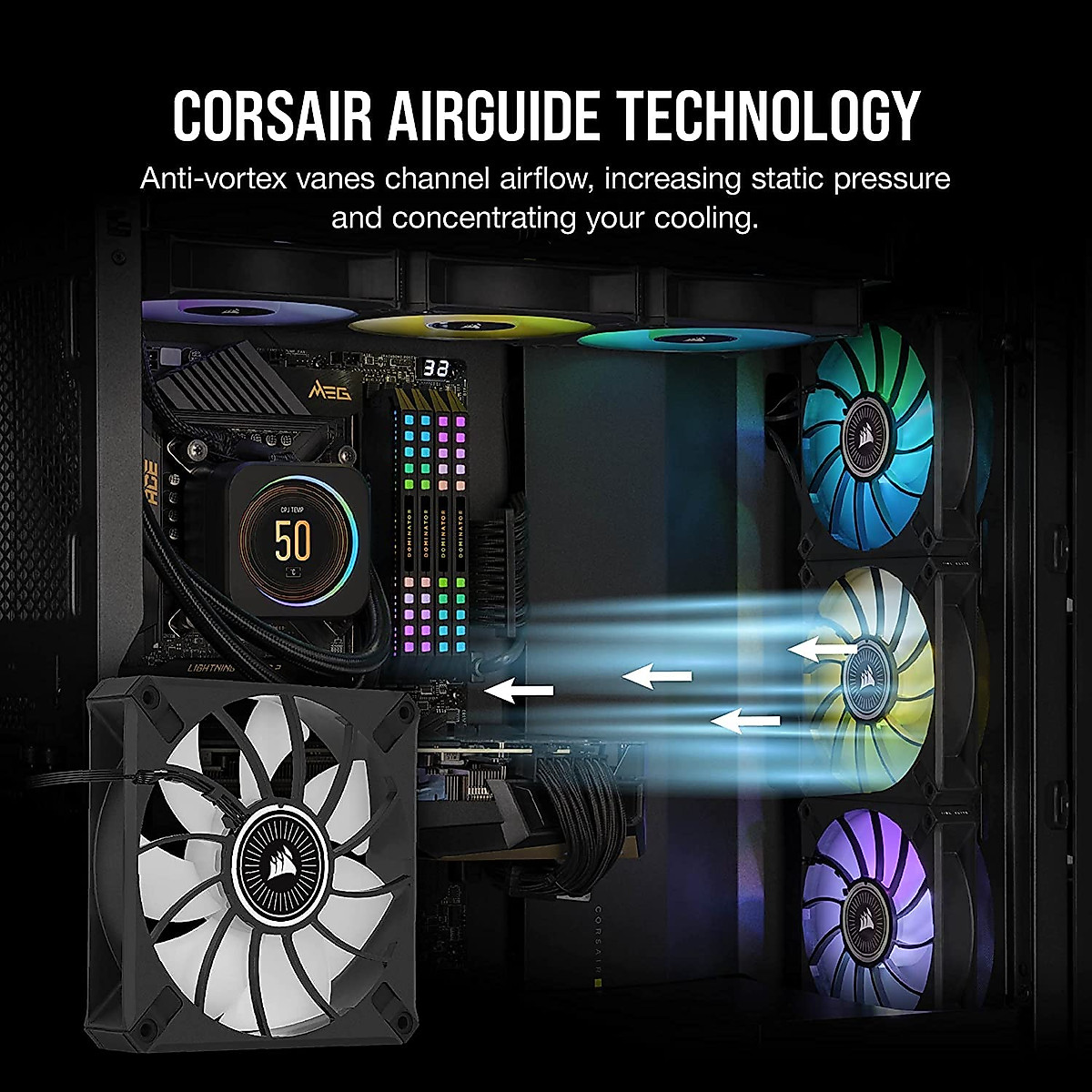 CORSAIR ML120 RGB ELITE, 120mm Magnetic Levitation RGB Fan with AirGuide, 3-Pack with Lighting Node CORE, Black For Radiator